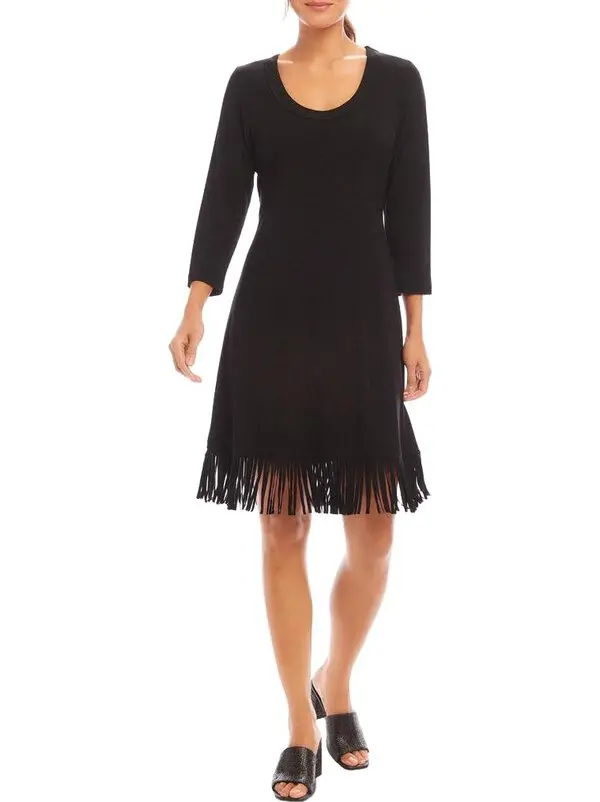Karen Kane Fringe Trim Scoop Neck Dress - Black