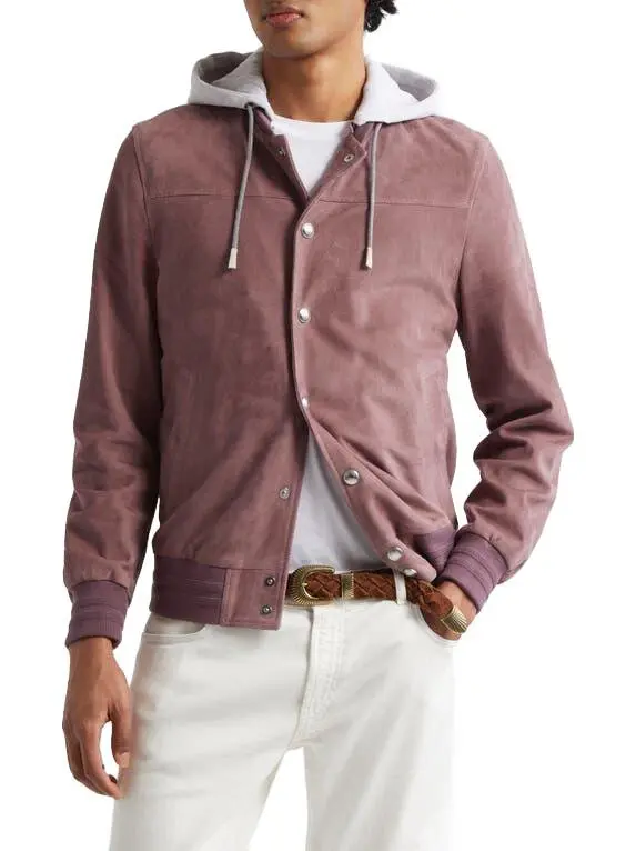 Eleventy Suede Bomber Jacket With Knit Removable Hood - 47-13 Berry Lt Grey Melange