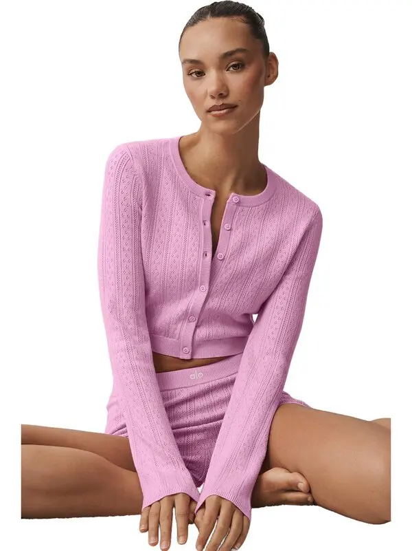 Alo Yoga Pointelle Sweater Be Mine Cardigan Top - Candy Heart Pink
