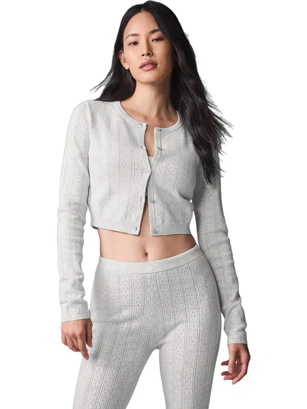 Alo Yoga Pointelle Sweater Be Mine Cardigan Top - Light Grey Heather