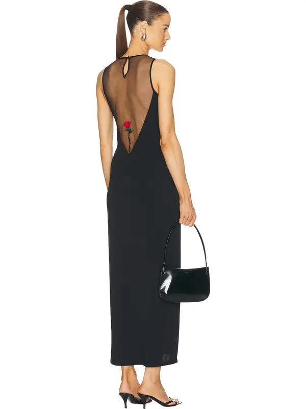 FLEUR DU MAL Rose Spine Embroidery High Slit Maxi Dress - Black