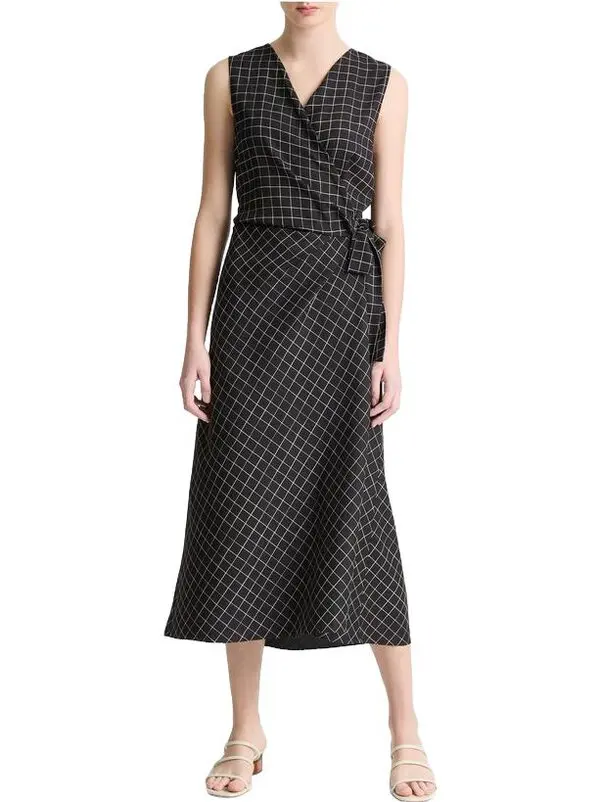 Vince Trellis Plaid Draped Sleeveless Wrap Dress - Black