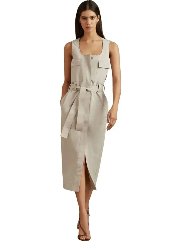 REISS Elin Utility Belted Midi Dress - Stone