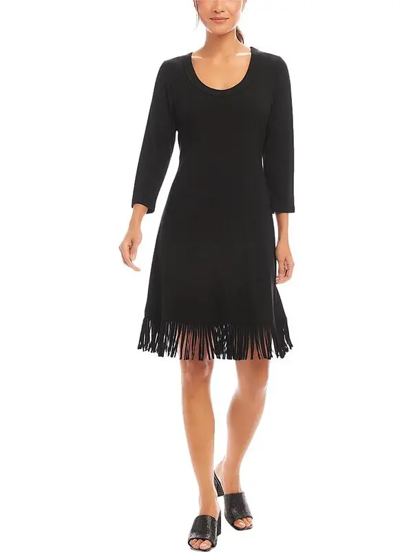 Karen Kane Three Quarter Sleeve Fringe Hem Dress - Black