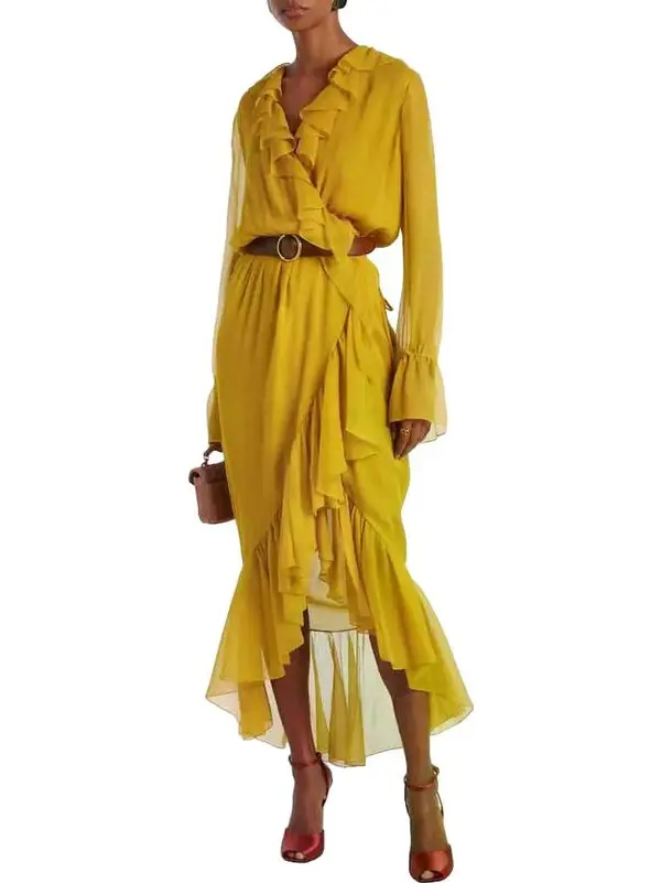 Saint Laurent Ruffled Silk Crepon Wrap Dress - Yellow
