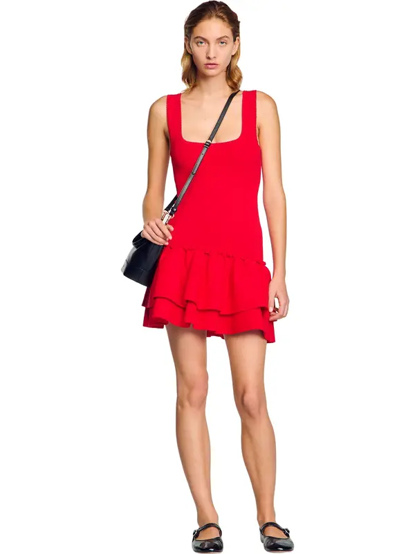 Sandro Mini Knit Dress With Ruffles - Red