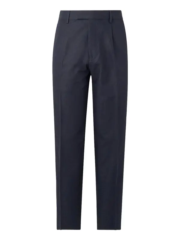 Zegna Tapered Pleated Cotton And Linen-blend Twill Trousers - Blue