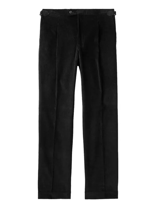 SAMAN AMEL Slim-fit Pleated Cotton-corduroy Trousers - Black