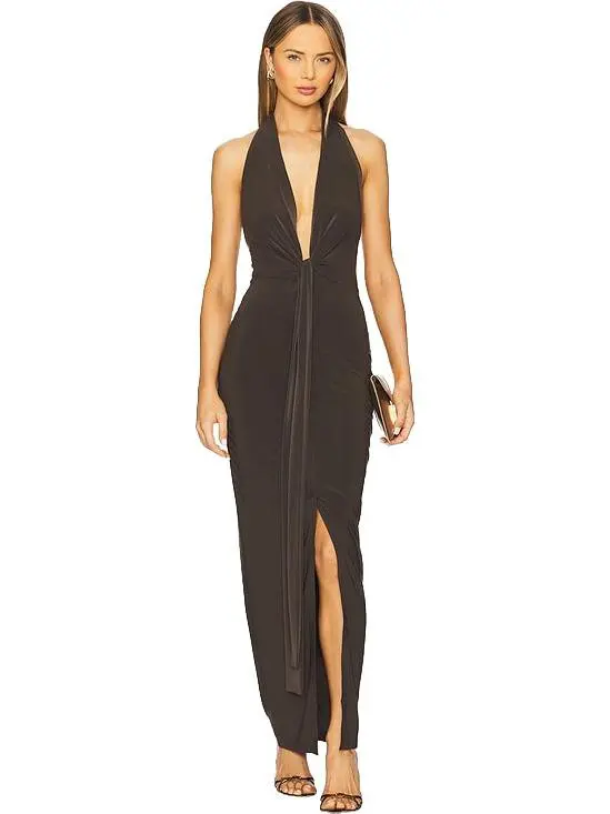 Norma Kamali X Revolve Tie Front Halter Gown - Chocolate