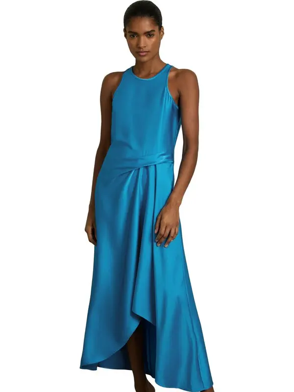 REISS Micah Satin Drape Tuck Midi Dress - Blue