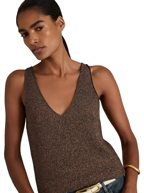 REISS Mika Metallic V-neck Vest - Bronze