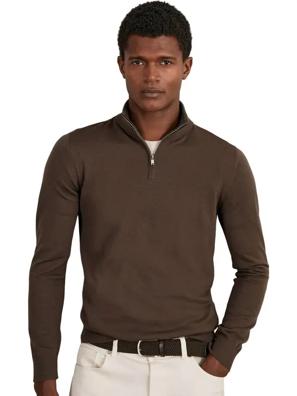REISS Blackhall Merino Wool Half-zip Funnel Neck Jumper - Chocolate Brown