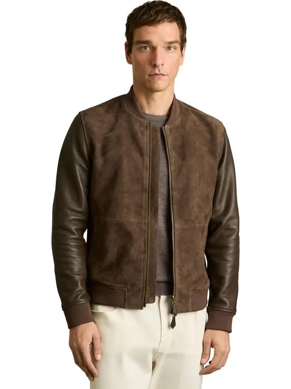 REISS Block Leather-sleeve Suede Bomber Jacket - Chocolate Brown