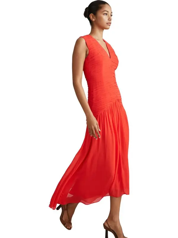REISS Saffy Ruched Bodycon Midi Dress - Coral