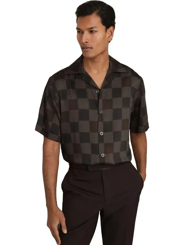 REISS Reny Chequered-print Cuban-collar Shirt - Brown