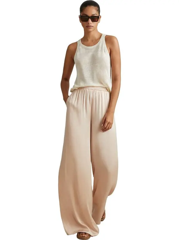 REISS Yara Satin Wide Leg Trousers - Champagne