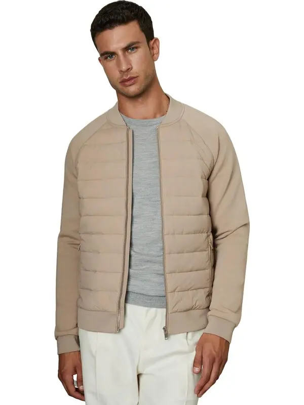 REISS Rochdale Hybrid Quilted Bomber Jacket - Biscuit Brown