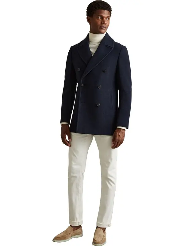 REISS Bergamo Wool Blend Pea Coat - Navy Herringbone
