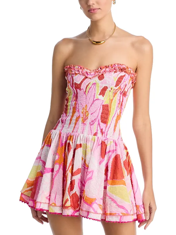Poupette St Barth Cory Smocked Strapless Dress - Pink Macro Lilium