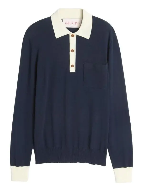 Valentino Garavani Long-sleeved Cotton Polo Shirt - Indigo/butter