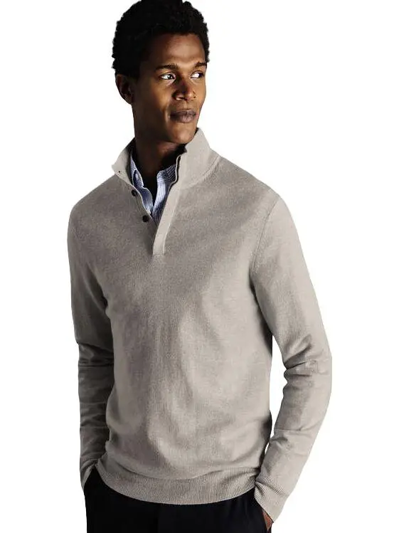 CHARLES TYRWHITT Merino Cashmere Button-neck Sweater - Silver Grey