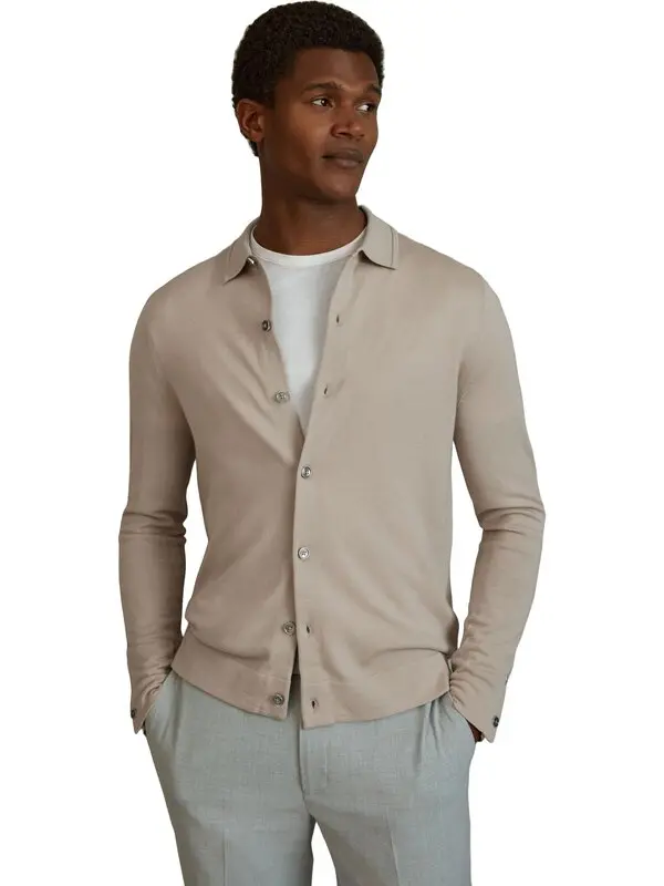 REISS Forbes Merino Wool Cardigan - Washed Stone