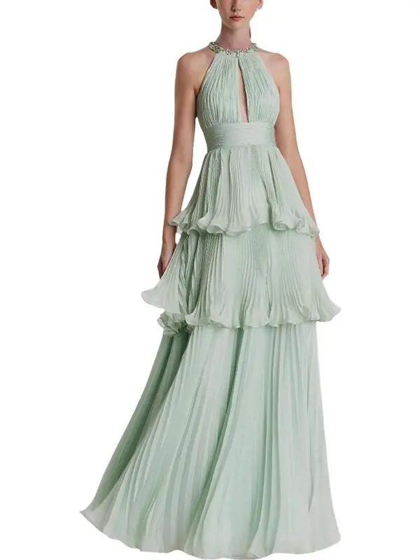 Mac Duggal High Neck Chiffon Tiered Gown - Mint