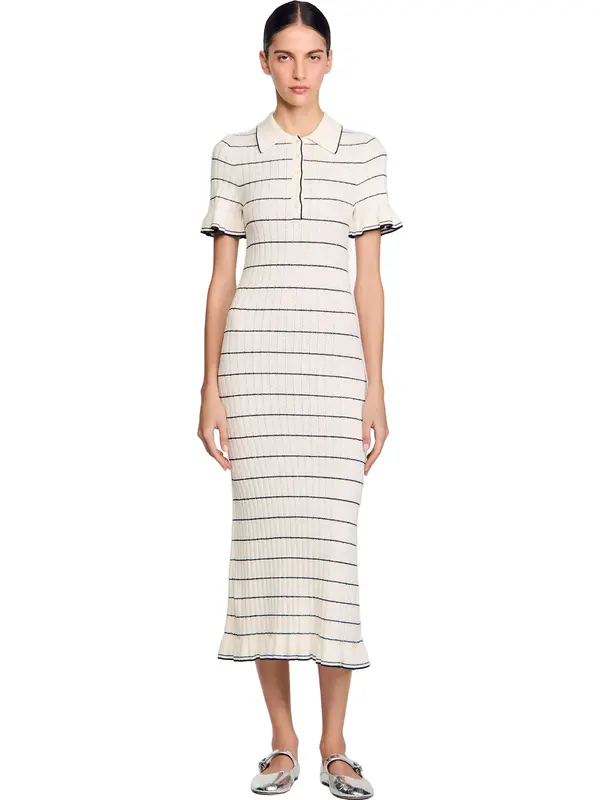 Sandro Knitted Midi Dress With Polo Neck - Ecru