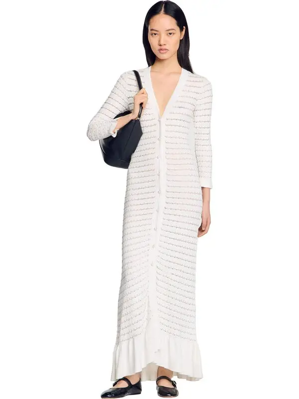 Sandro Pointelle Knit Maxi Dress With Pearlescent Buttons - Ecru