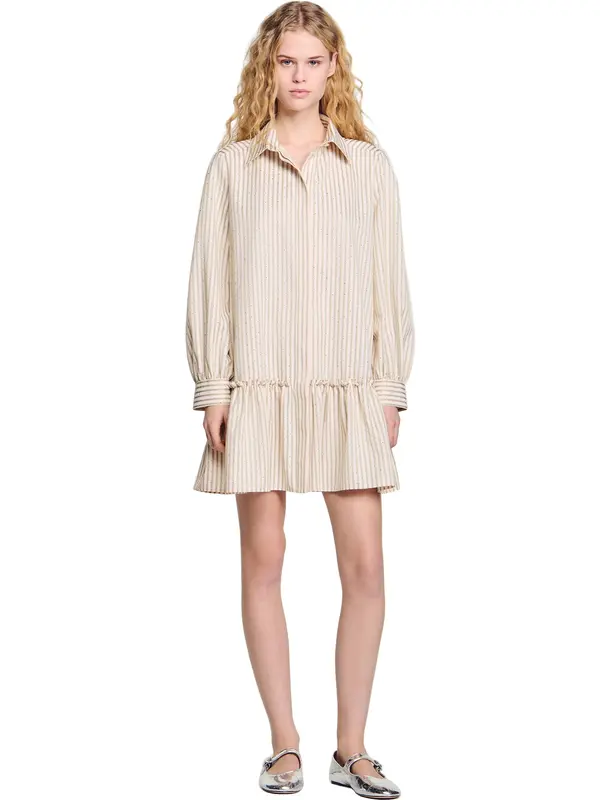 Sandro Rhinestone Striped Shirt Dress - Khaki / Pink