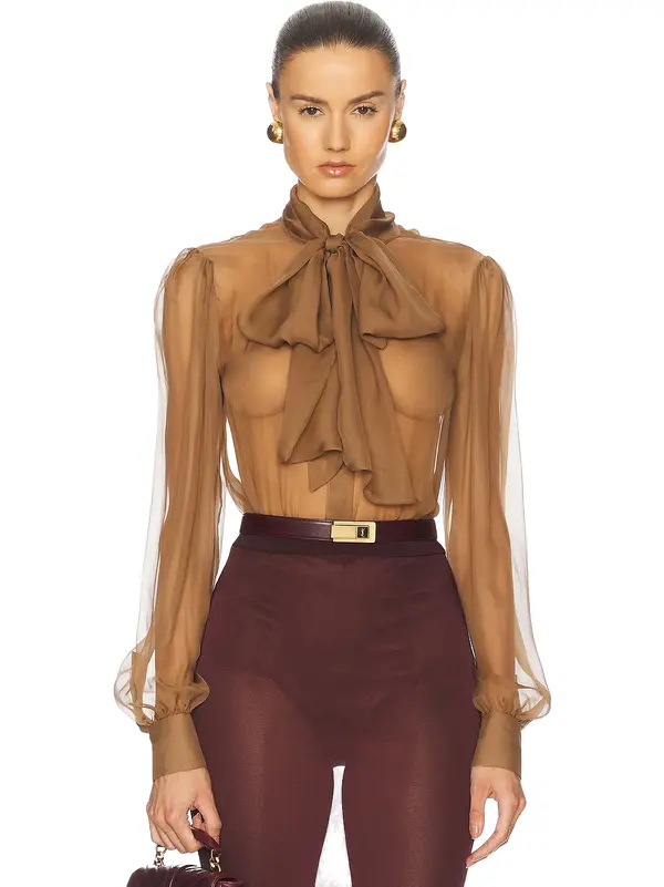 Saint Laurent Sheer Long Sleeve Blouse - Caramel