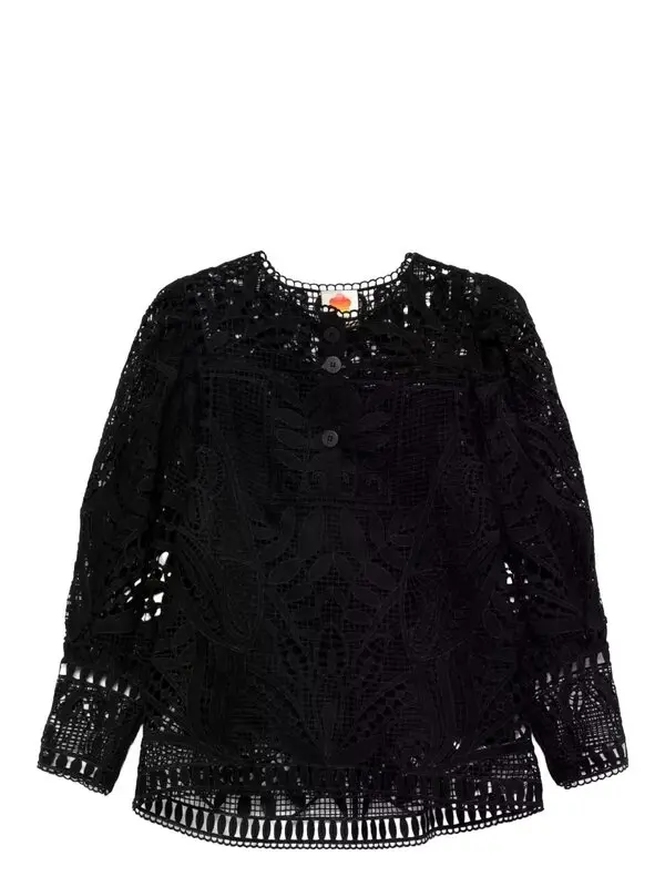 Farm Rio Guipure-lace Puff-sleeve Blouse - Black