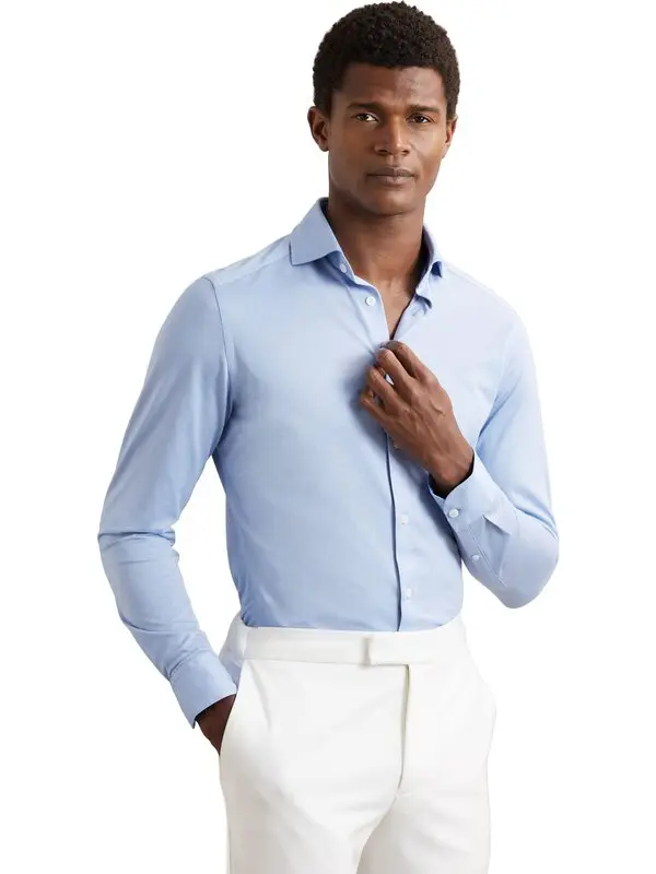 REISS Nate Cotton-blend Jersey Cutaway-collar Shirt Slim-fit - Soft Blue