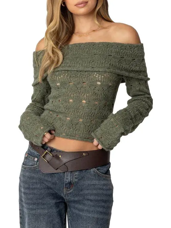 EDIKTED Kenna Off The Shoulder Knit Top - Green