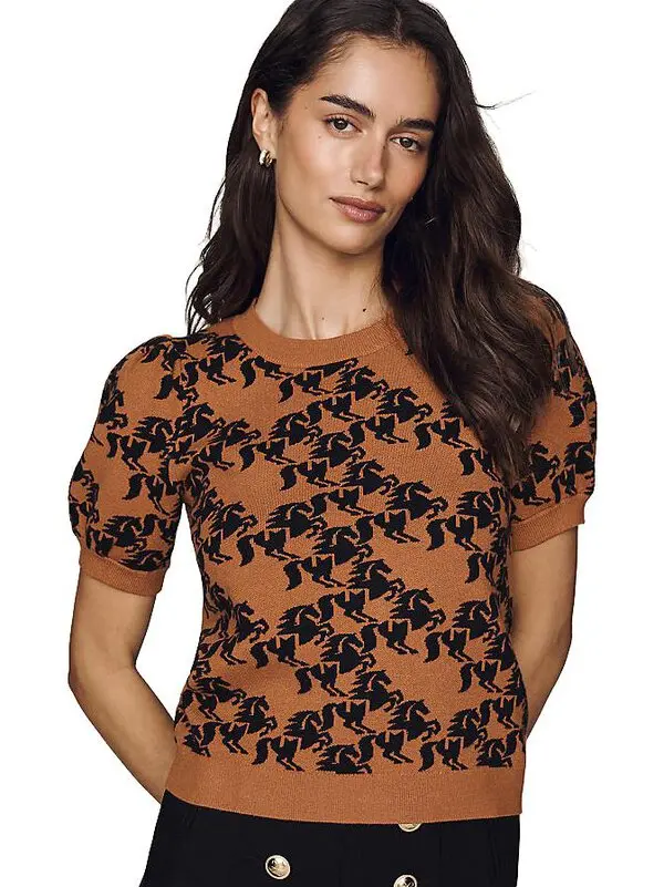 Maeve Puff Sleeve Sweater Tee With Floral Motif - Brown Pattern