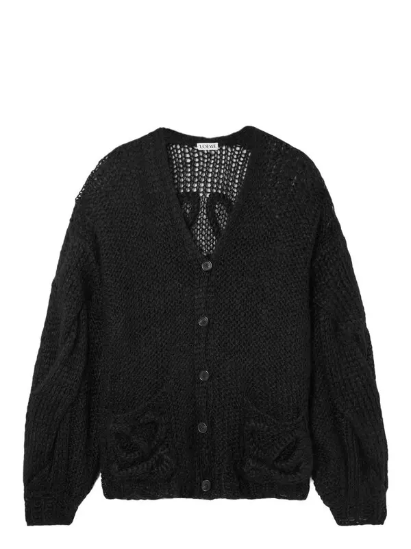 Loewe Anagram Embroidered Open-knit Mohair-blend Cardigan - Black