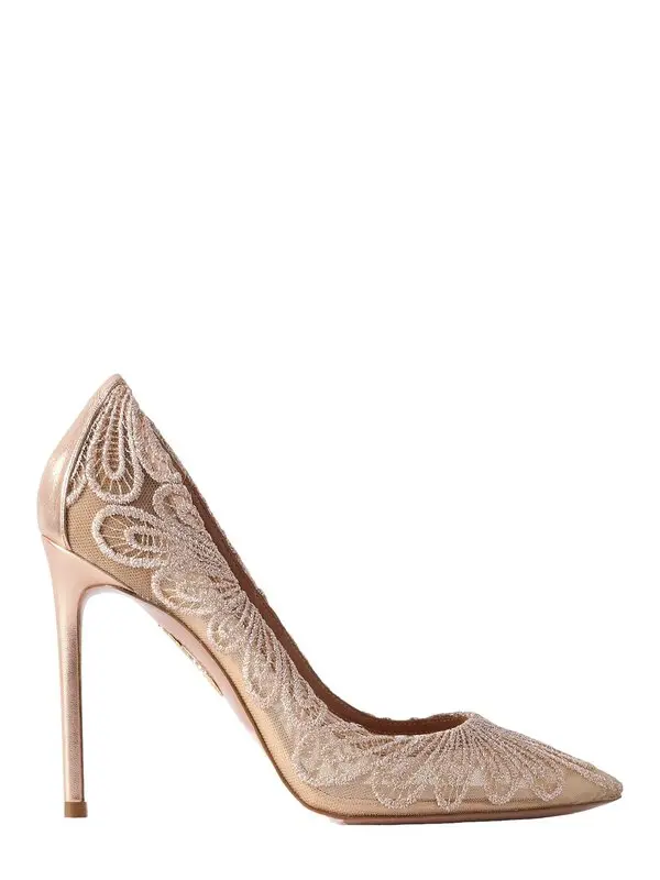 AQUAZZURA 105 Metallic Leather-trimmed Chantilly Lace Pumps - Neutrals