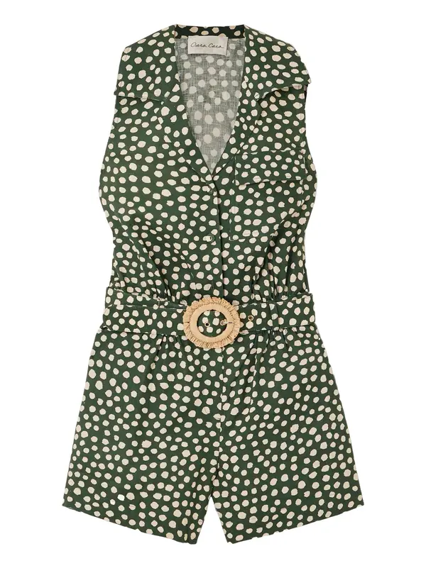 Cara Cara Yuki Belted Polka-dot Linen Playsuit - Green