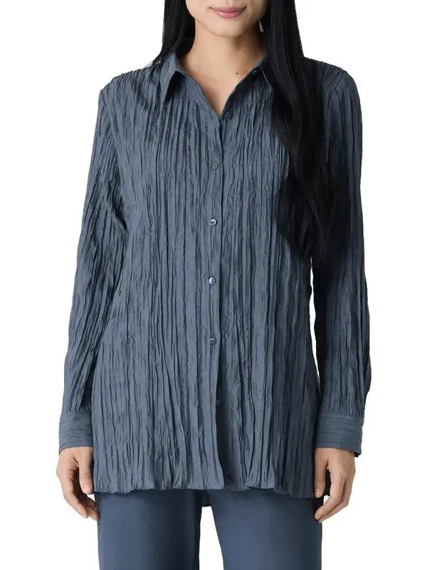 Eileen Fisher Plissé Silk Tunic Shirt - Eclipse
