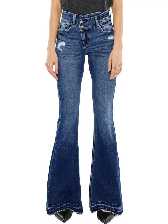 KANCAN High Rise Crossover Flare Jeans - Medium Wash