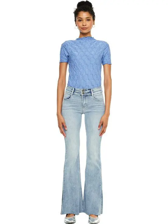 KANCAN Mid Rise Double Waist Band Flare Jeans - Medium Wash