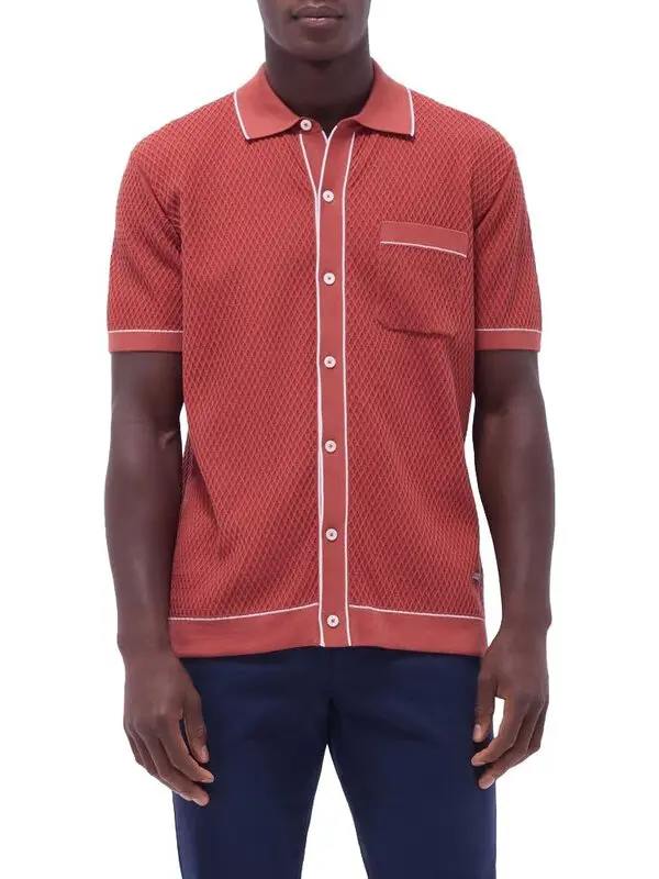 Bugatchi Short Sleeve Button-up Sweater - Brick