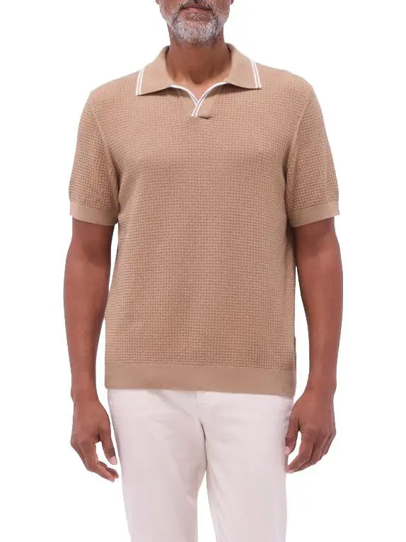 Bugatchi Tipped Johnny Collar Short Sleeve Sweater - Camel