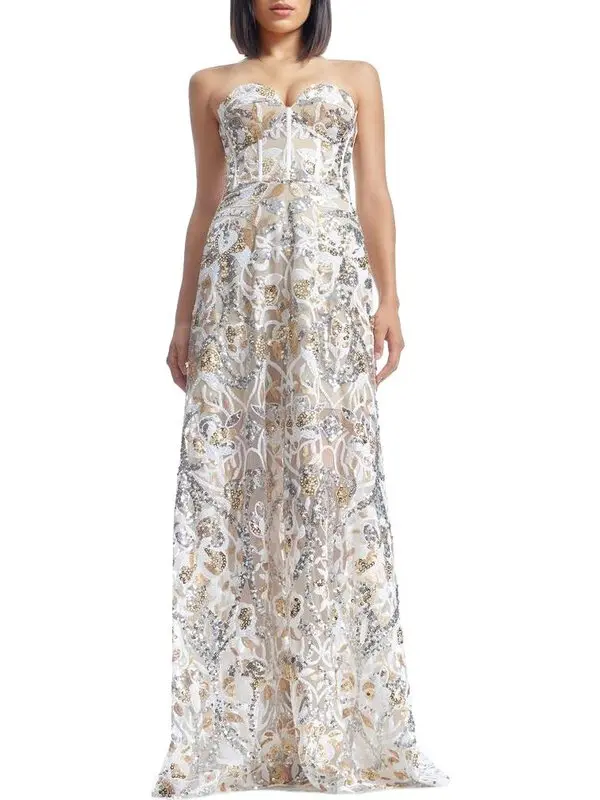 Dress The Population Daven Sequin Mixed Print Strapless Gown - Gold Multi