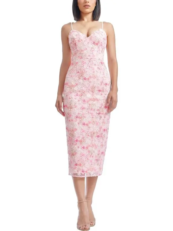 Dress The Population Donna Sequin Floral Appliqué Midi Dress - Soft Pink Multi
