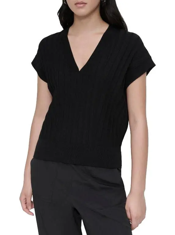 Dkny Ribbed Short Sleeve Sweater - Black