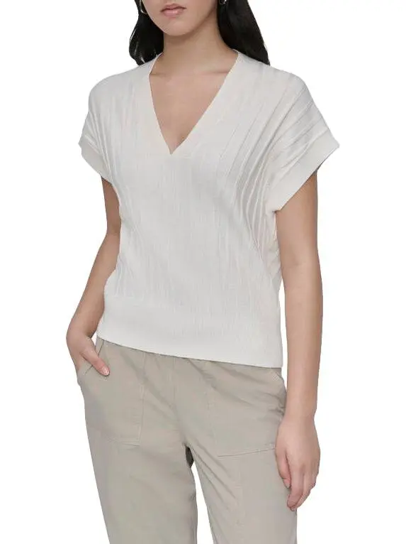 Dkny Ribbed Short Sleeve Sweater - Ivory