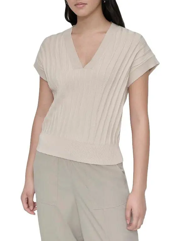 Dkny Ribbed Short Sleeve Sweater - Light Khaki