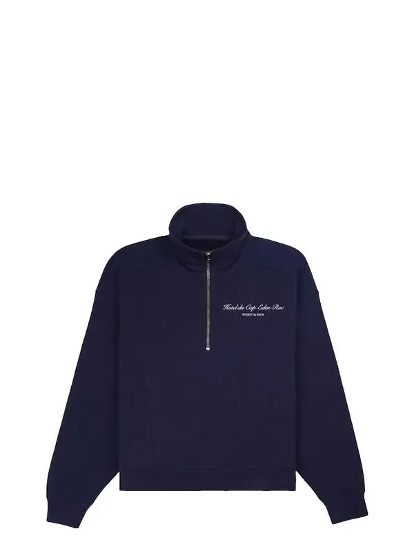 SPORTY & RICH Hotel Du Cap Cursive Quarter Zip - Navy Blue/white
