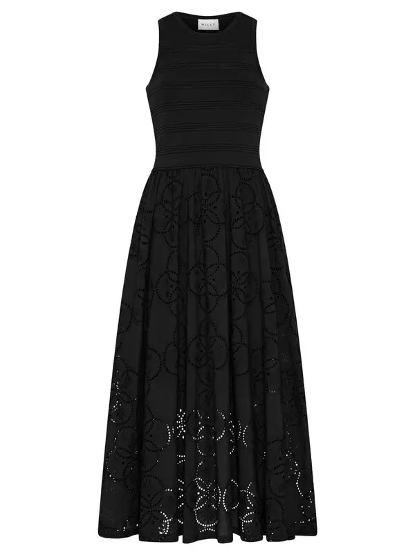 MILLY Geo Eyelet Knit Combo Midi Dress - Black